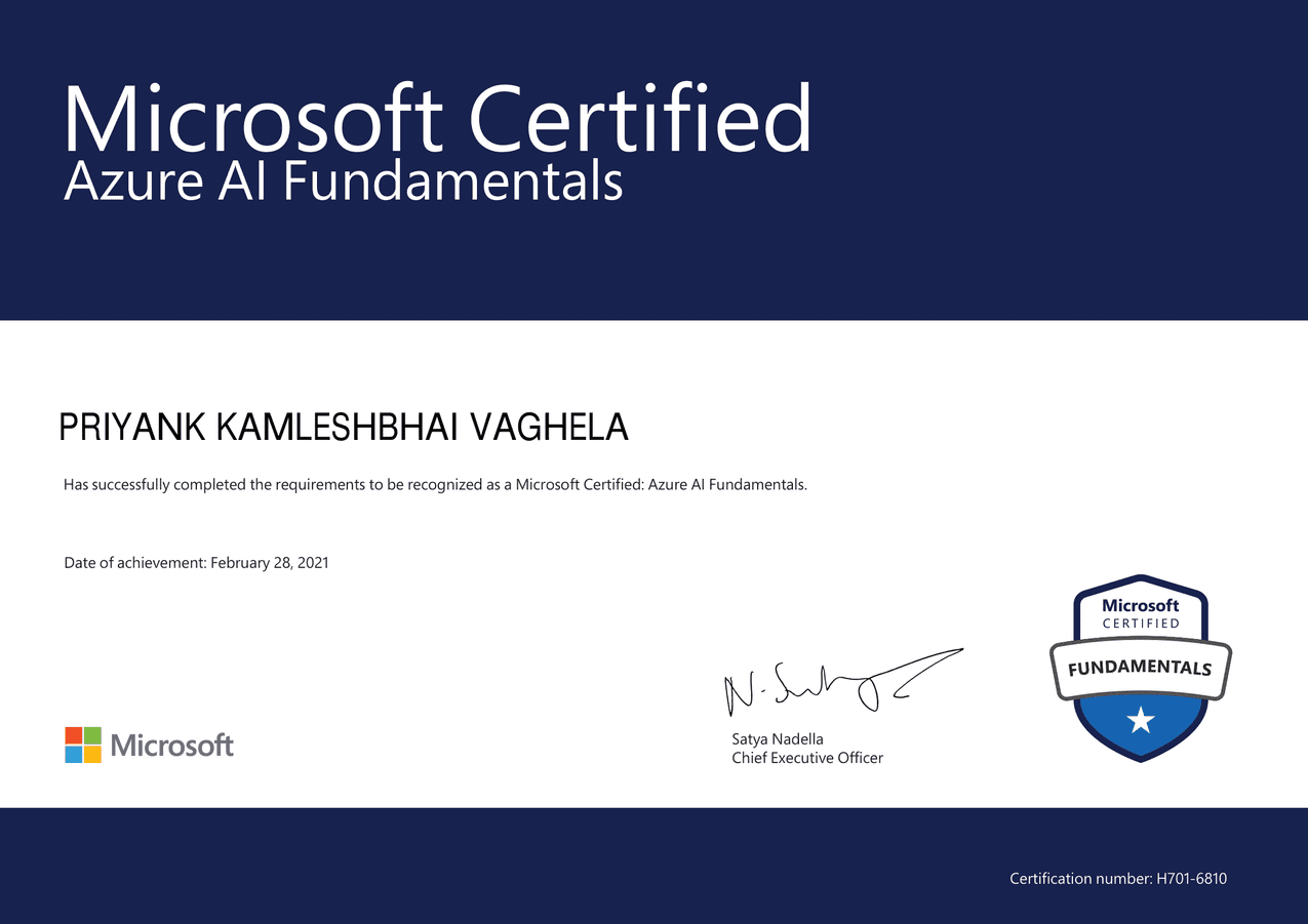 Microsoft Certified: Azure AI Fundamentals – Priyank Vaghela